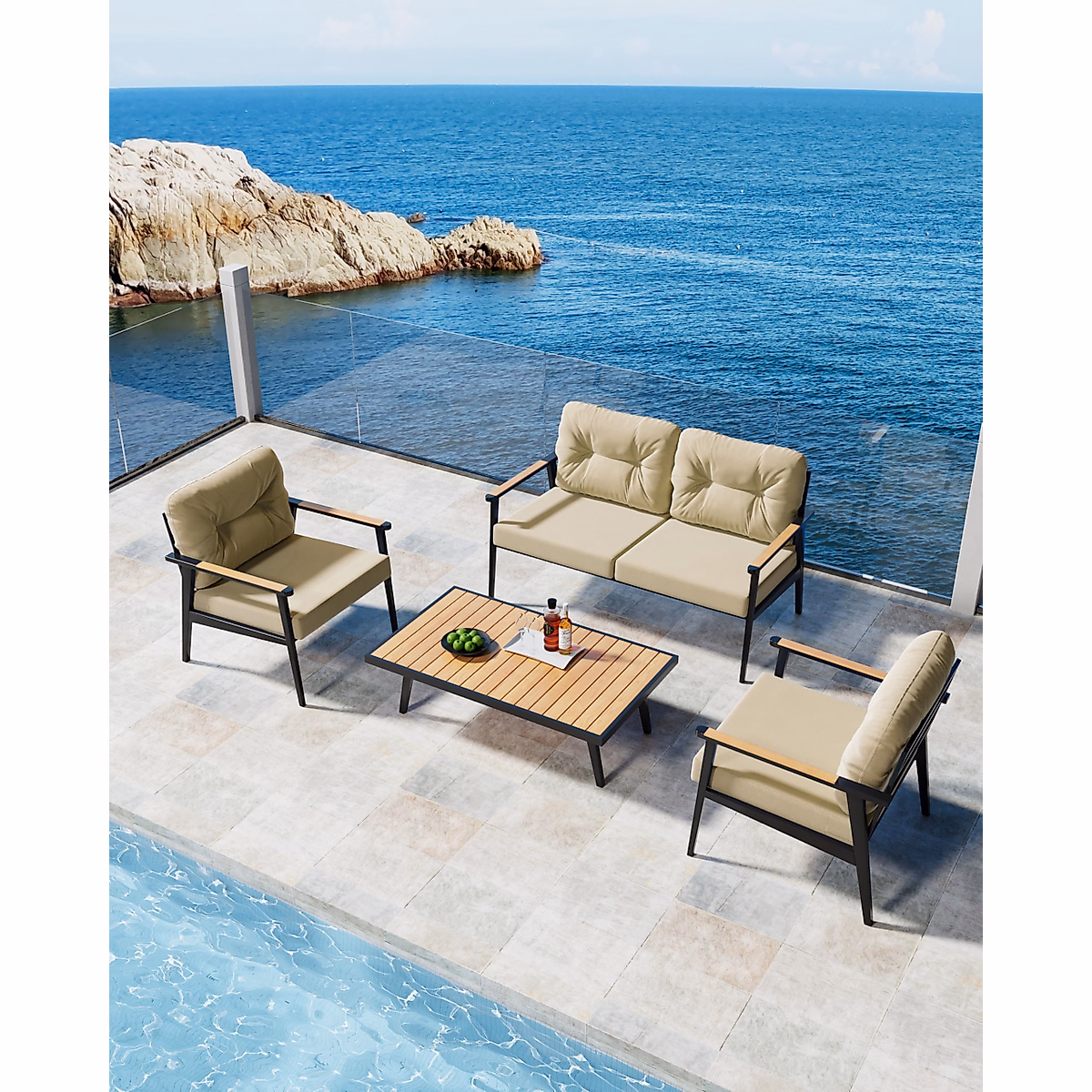 YEFU Outdoor Deep Seat Cushion Set, Double Waterproof Tech Fade Resistant Outdoor Chair Cushions, Patio Furniture Cushions with Straps for Chair Sofa Couch, 24x24 Inch, Beige