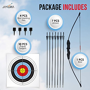 JAKUNA 45" Bow and Arrow Recurve Set for Youth Beginners Bow kit for Backyard Sport Archery Set with 7 Arrows 10 Target Face 18Lb for Teens and Junior Gift Outdoor Sports (Black)
