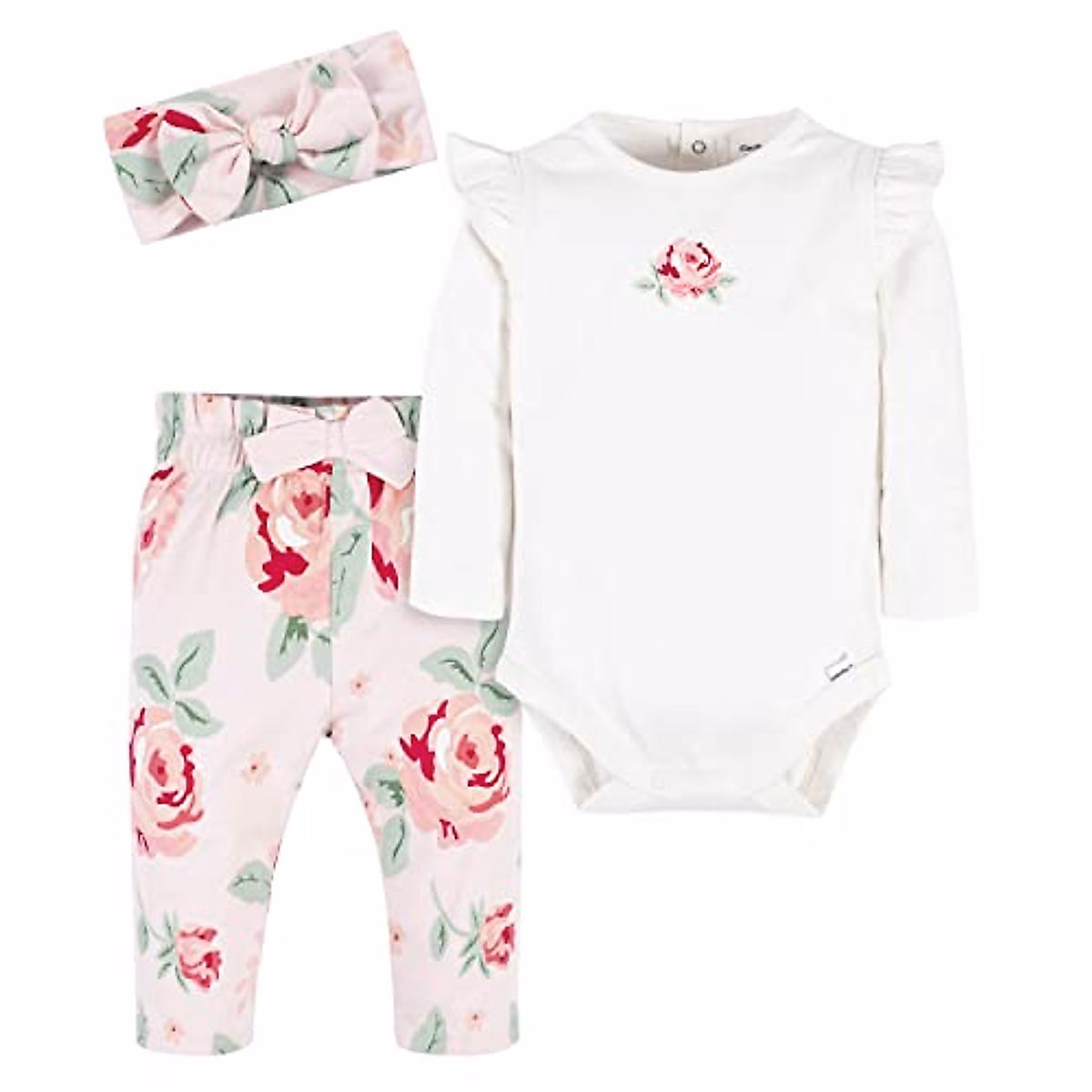 Gerber Baby Girls Long Sleeve Onesies 3-Piece Bodysuit, Pants & Headband Set, Pink Rose, 3-6 Months US