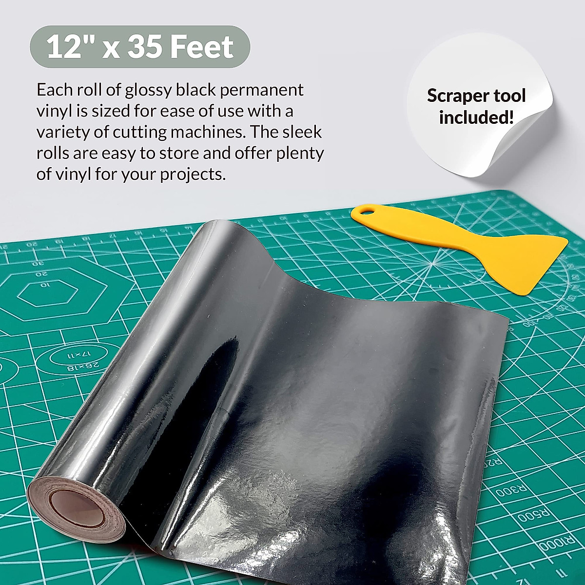 Reli. Black Permanent Vinyl | 12" x 35 FT Roll (Glossy) | Scraper Tool Included | Adhesive Vinyl Compatible w/Cricut & Silhouette Cutting Machines | Vinyl Roll for Signs, Tumblers, Mugs, Cars & More
