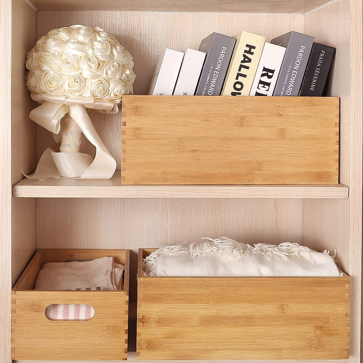 ANMINY Set of 4 Nesting Wooden Crates for Storage, Bamboo Wood Storage Containers Bins, Handmade Natural Large Wooden Storage Boxes Baskets with Handles for Organizing Shelf Closet Cabinet