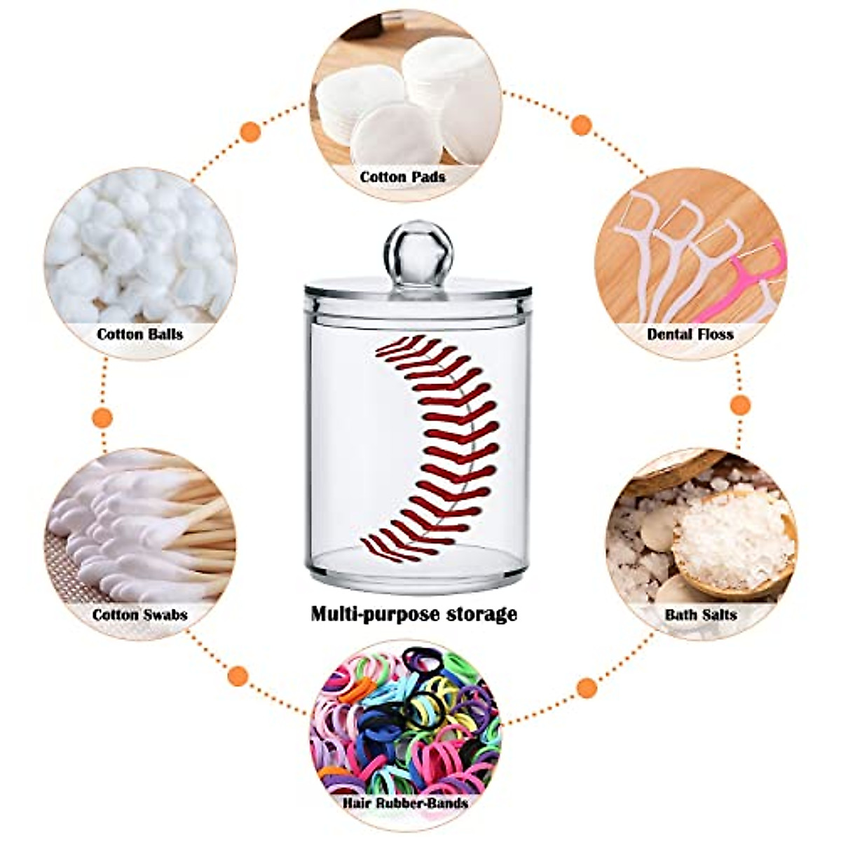 WELLDAY Apothecary Jars Bathroom Storage Organizer with Lid - 14 oz Qtip Holder Storage Canister, Sport Baseball Print Clear Plastic Jar for Cotton Swab, Cotton Ball, Floss Picks, Makeup Sponges,Hair