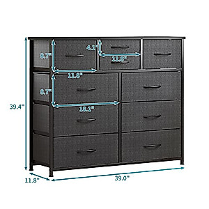 LUMTOK 10-Drawer Dresser, Fabric Storage Dressers for Bedroom, Hallway, Nursery, Closets, Steel Frame, Wood Top, Easy Pull Handle (Grey)