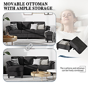 Meilocar 79" Sectional Sofa Couch, Sectional Couch with Storage Ottoman, Convertible L Shaped Couch with Armrests Side Storage Pockage, 3-Seat Sofa Couches for Living Room, Apartment, Black