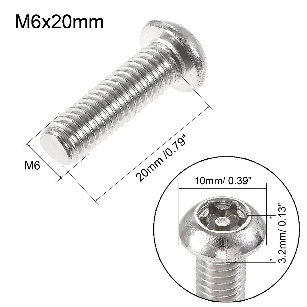 uxcell M6x20mm Torx Security Machine Screw, 20pcs Pan Head Screws Inside Column, with T30 L-Type Wrench, 304 Stainless Steel Fasteners Bolts
