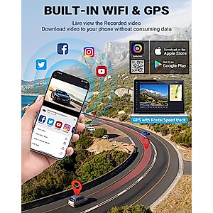 Dash Cam Front and Rear 4K Dash Cam Dash Camera for Cars Front 4K/2K Rear 1080P Built-in GPS with WiFi 3" IPS Display WDR Parking Mode, G-Sensor, Loop Recording, Night Vision, Support 128GB Max