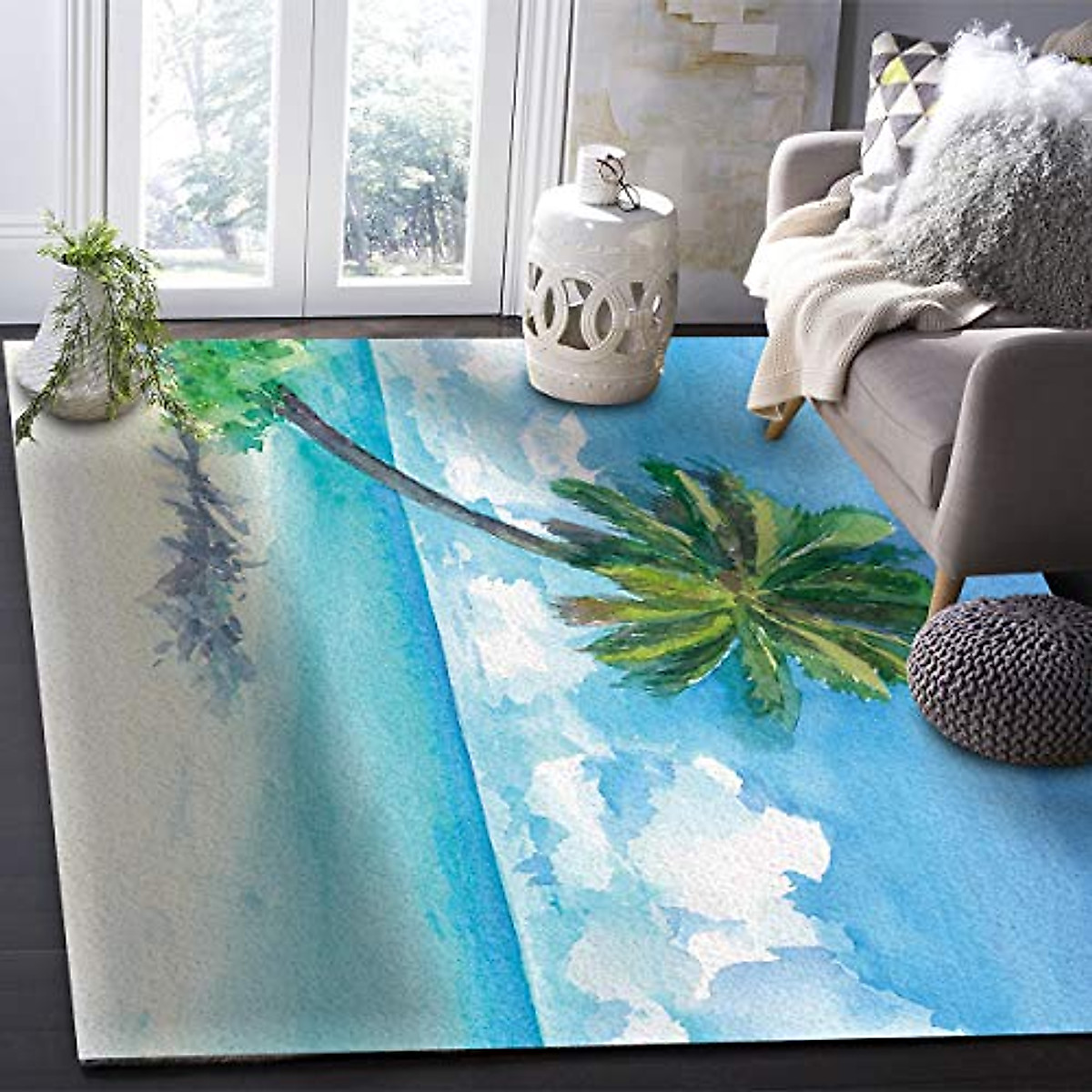 Large Rectangular Area Rugs 3' x 5' Living Room, Hand Painted Tropical Plants Coconut Tree Beach Blue Sky White Clouds Durable Non Slip Rug Carpet Floor Mat for Bedroom Bedside Outdoor