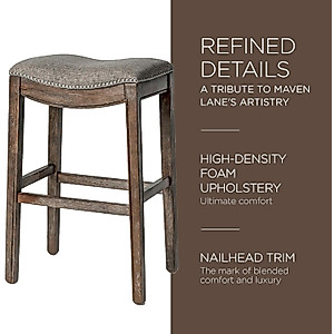 Maven Lane Adrien 31 Inch Bar Height Upholstered Backless Saddle Barstool in Dark Walnut Finish with Ash Grey Fabric Cushion Seat