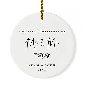 Andaz Press Personalized Gay Couple Wedding Round Ceramic Porcelain Tree Ornament Engagement Keepsake Gift, Our First Christmas As Mr. & Mr, 2024, Antique Handdrawn, 1-Pack Gay Christmas Ornaments