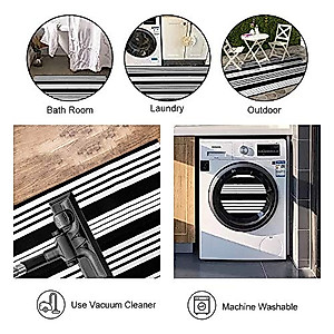 OJIA Cotton Black and White Striped Rug 24'' x 51'' Hand-Woven Indoor/Outdoor Area Rug Layered Door Mats for Front Porch/Entryway/Laundry Room/Bedroom/Outdoor