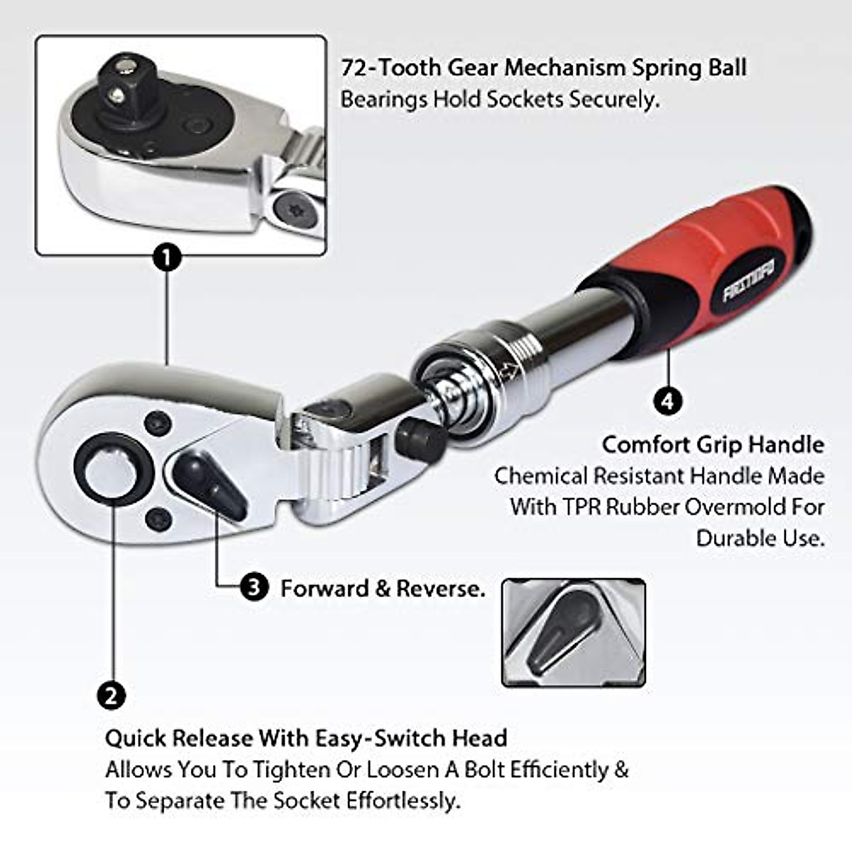 FIRSTINFO F3222NC 3/8-Inch Drive Locking & Flexible Extendable Ratchet Wrench Reversible, Soft-Grip with 72-Tooth Geared Action (Length: 10.2 to 14.1 inches)
