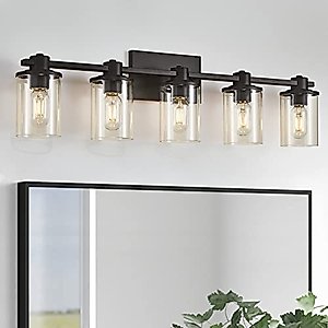 XGFOURSEVEN 5-Light Modern Bathroom Vanity Lights,Industrial Matte Black Bathroom Light Fixtures with Clear Glass, Vanity Lights Fixture for Bathroom, Living Room, Mirror,Hallway