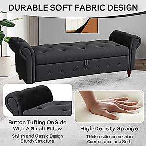 NIOIIKIT 63'' Storage Ottoman Bench, End of Bed Button Tufted Ottoman Bench, Rolled Armed Ottoman Couch Long Bench for Bedroom, Living Room, End of Bed, Hallway(Grey, Polyster)