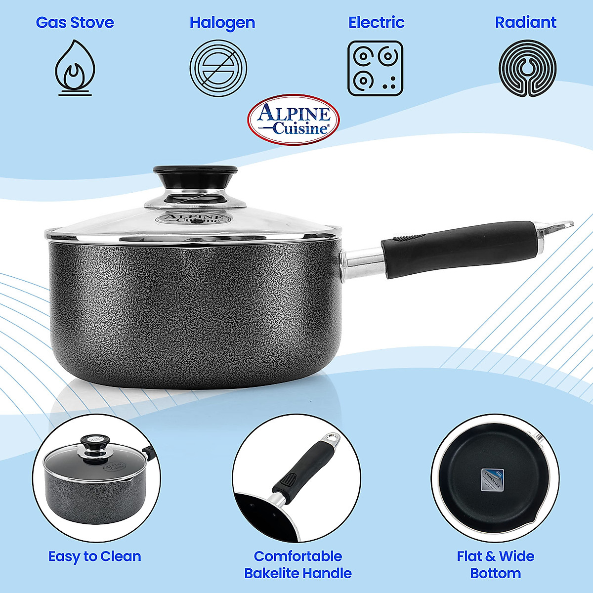 Alpine Cuisine Sauce Pan 2 Quart Nonstick Coating Soft Touch Bakelite Handle with Glass Lid, Nonstick Sauce Pans for All Stoves, Multipurpose Use for Home Kitchen & Restaurant - Dishwasher Safe