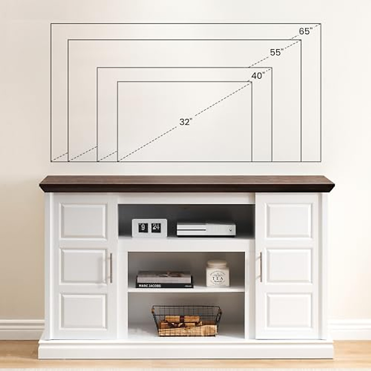 IDEALHOUSE Farmhouse Modern TV Stand, 58 x 15.7 x 33.8 inches, White
