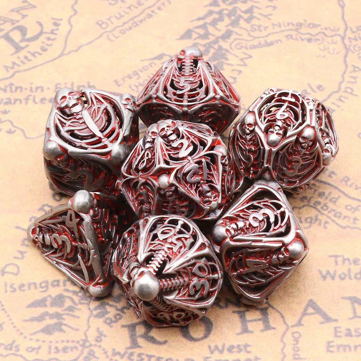 DND Dice Set Polyhedron Dice Skull Hollow Metal Dice for Dungeons and Dragons Role Playing Games PCCECQEE Dice 7PCS D&D Set Collection Gifts (Red)