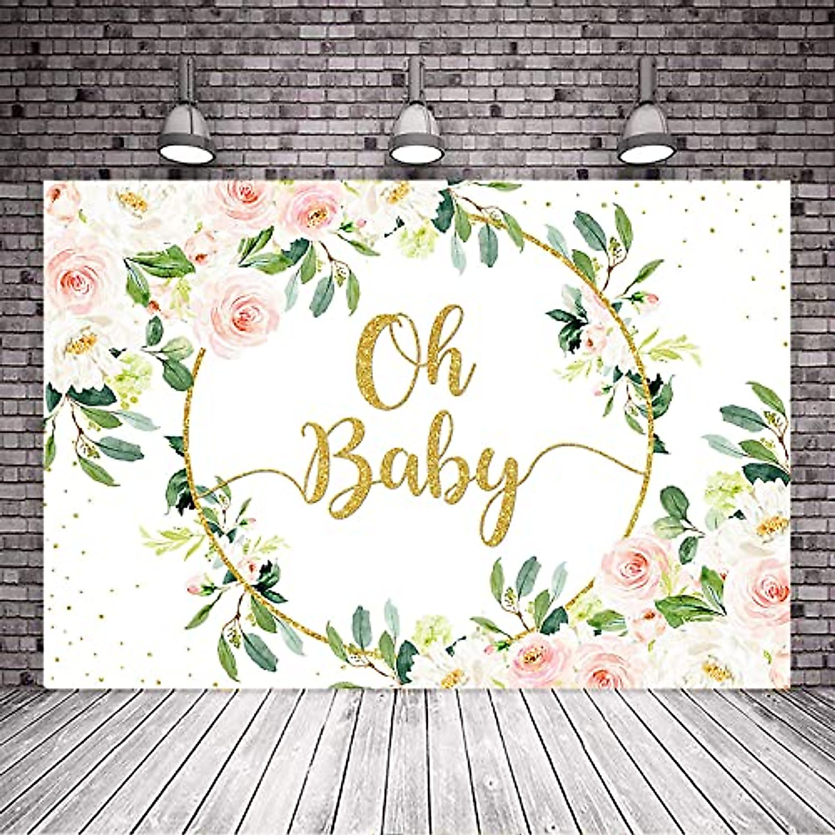 Avezano Oh Baby Shower Backdrop Pink Flower Baby Shower Gold Dots Background Girls Blush Floral Baby Shower Party Decorations Photo Shoot Props (7x5)