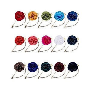 Shappy Men's Satin Lapel Pins with Metal Chain, Handmade Boutonniere Pins with Metal Chain and Storage Box (15 Colors)