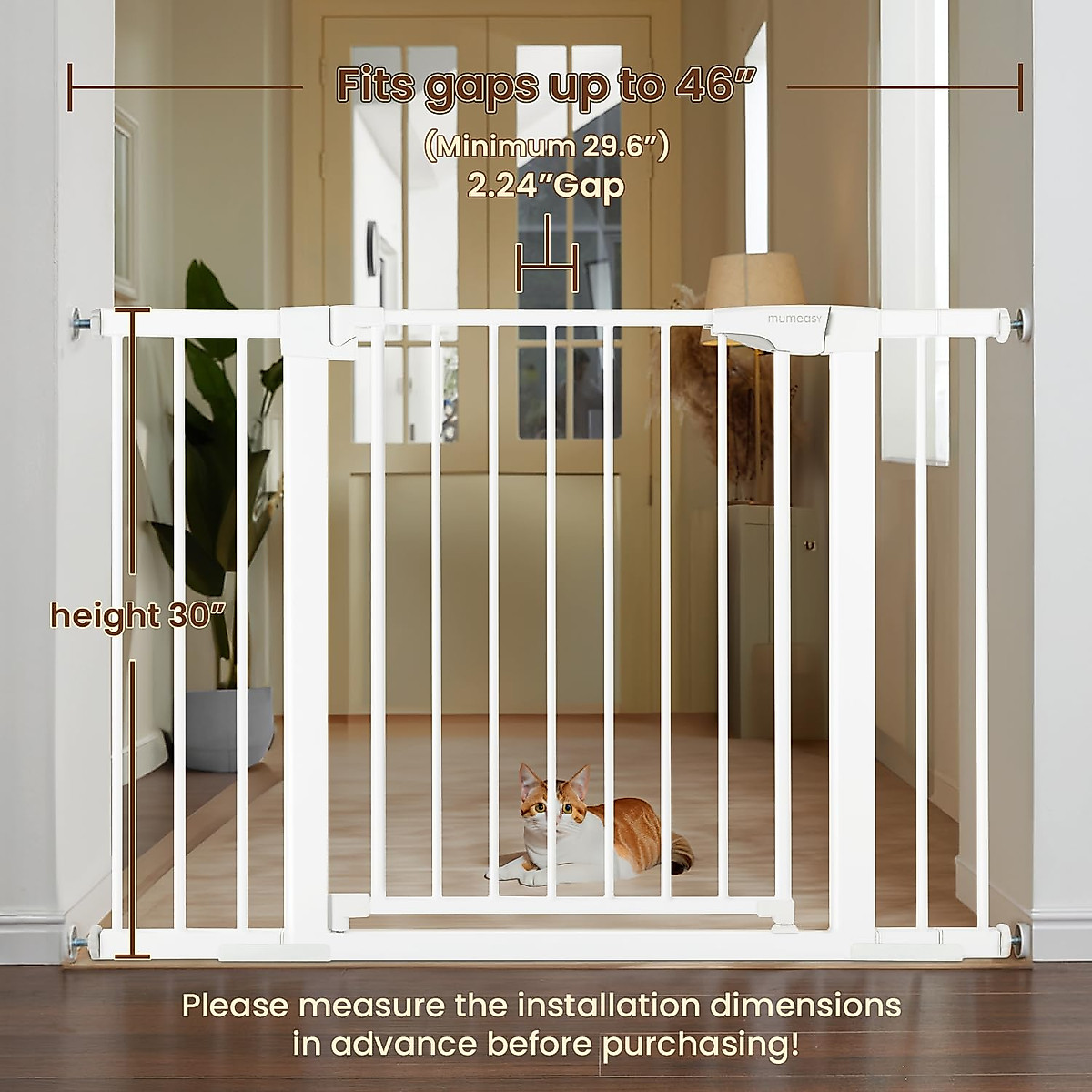 Mumeasy Baby Gate for Stairs, 29.6"-46" Pressure Mounted Pet Gate with Walk Through Door, Auto Close Dog Gate for House, Stairs, Doorways