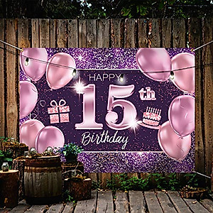 PAKBOOM Happy 15th Birthday Banner Backdrop - 15 Birthday Party Decorations Supplies for Girl - Pink Purple Gold 4 x 6ft