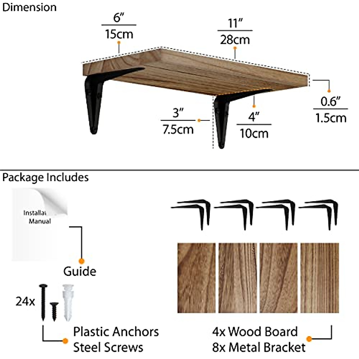 Wallniture Arras Floating Shelves for Wall Decor, 11"x6" Wood Wall Shelves Set of 4 for Living Room Decor, Bedroom, Office, Bathroom, Burnt