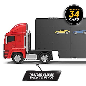Driven by Battat – Toy Truck Car Carrier — Truck Toy with 34 Storage Space – 10 Pull Back Cars Included – Detachable Trailer – Gift Toy Car for Boys & Girls & Toddlers Aged 3+