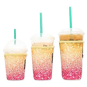 Baxendale Iced Coffee Sleeves for Cold Drink Cups - 3 Pack Reusable Neoprene Iced Coffee Cup Sleeve for Cold Drinks, Compatible with Starbucks Dunkin and more (3 PK S/M/L, Gold/Pink Glitter)