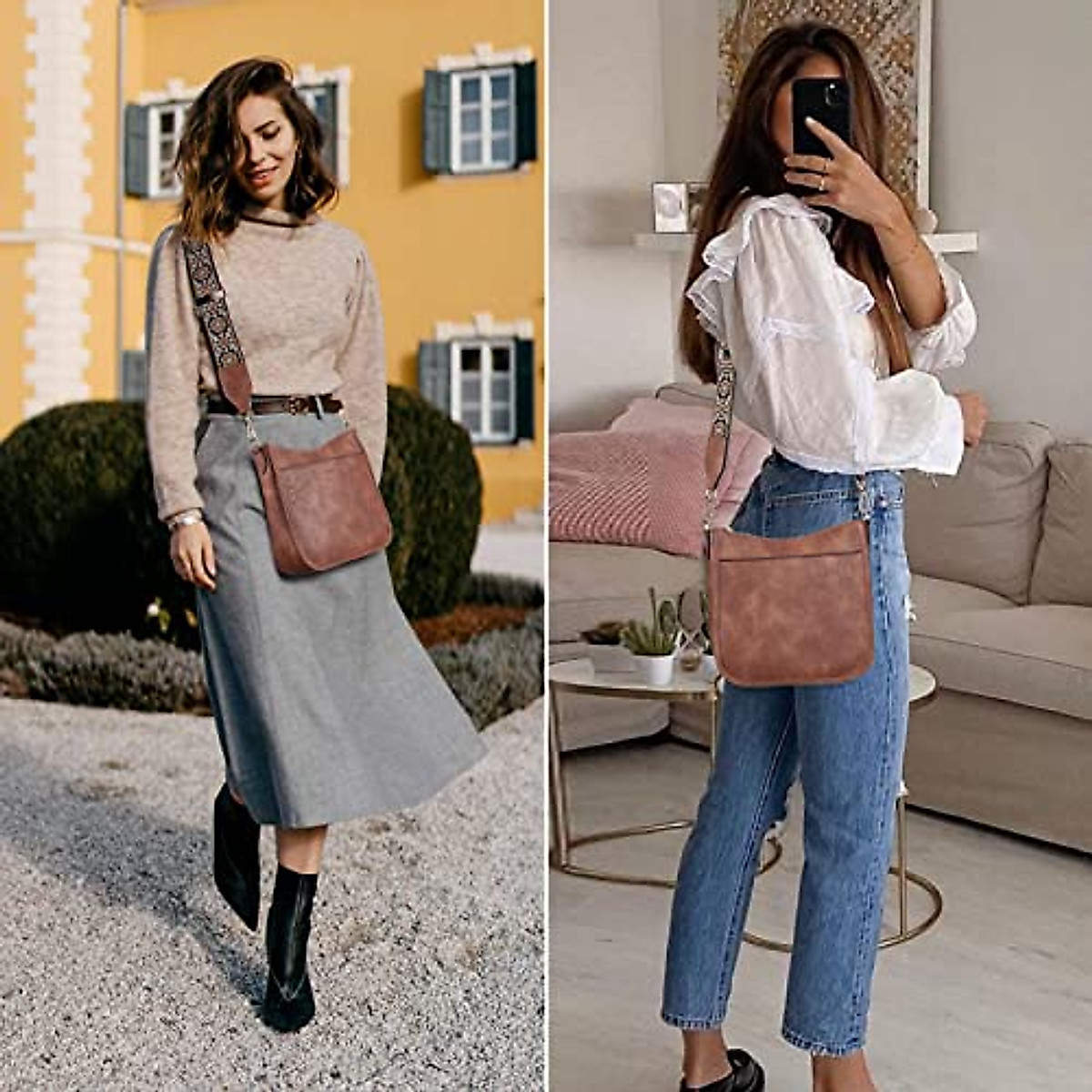 BOSTANTEN Crossbody Bags for Women Leather Handbags Hobo Shoulder Bags with Adjustable Colored Strap Brown