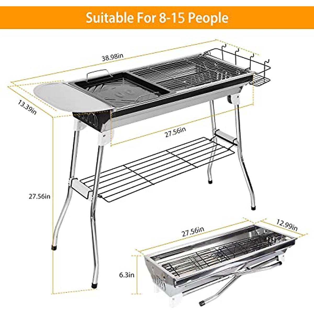 TeqHome Portable Charcoal Grill, Upgraded Folding Large Barbecue Charcoal Grill W/Board Shelf & Flavoring Storage Basket, Stainless Steel Frame, for 8 People Picnic Garden Terrace Camping Travel Use