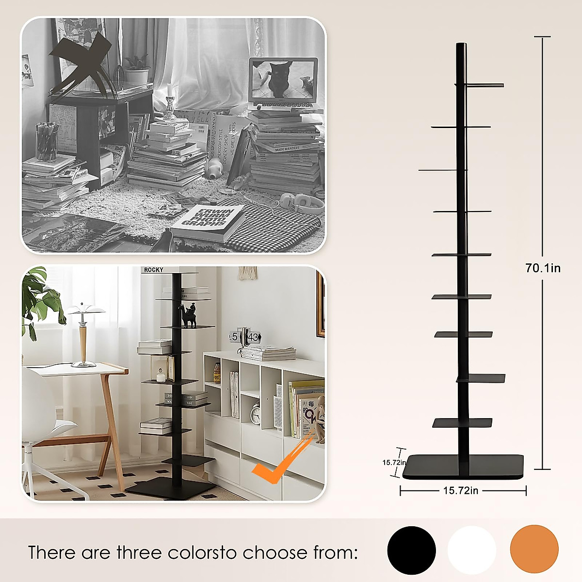 HYHTMER 9-Tier Metal Spine Bookshelf - Vertical Tower for Booksfor Small Spaces, Multipurpose Corner Bookshelf, Tall & Narrow Ladder Bookcase, Ideal Book Display for Home or Office (White)