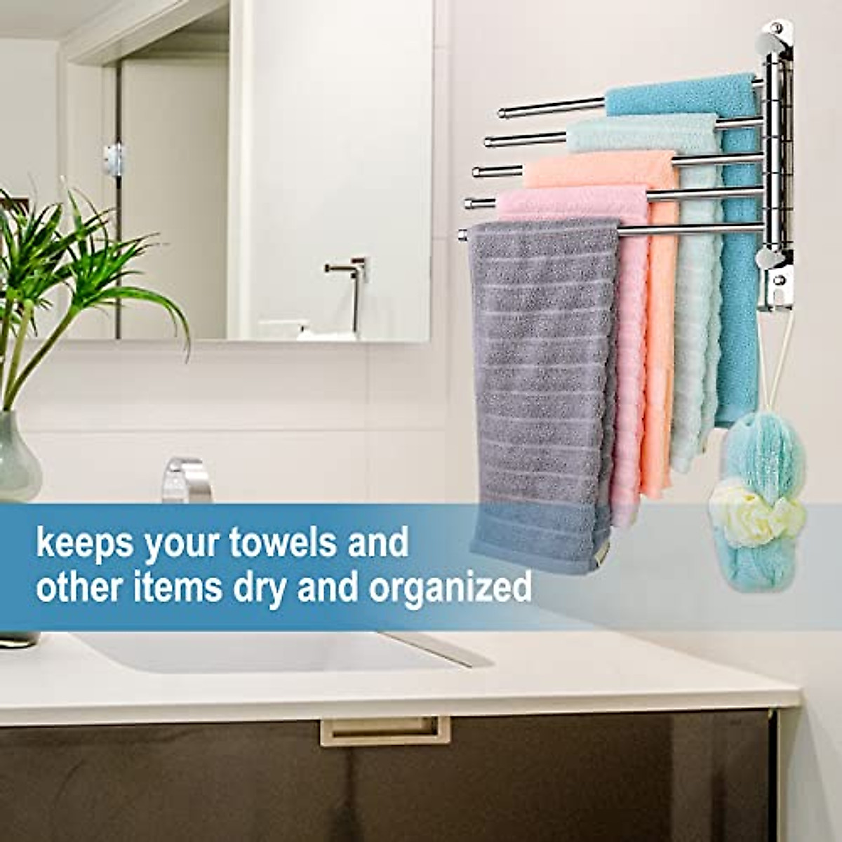 SCDGRW Swivel Towel bar 5 arm - Stainless Steel Bathroom Swing Towel Rack with Hook- Wall Mounted Towel Holder Storage Organizer for Bathroom Kitchen
