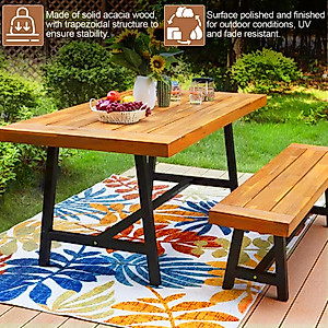 PHI VILLA Outdoor Wood Table Bench Set for 3, 1 Wood Dining Table & 1 Wooden Bench, Acacia Wood Patio Furniture Set for Porch Yard Deck, Teak Color