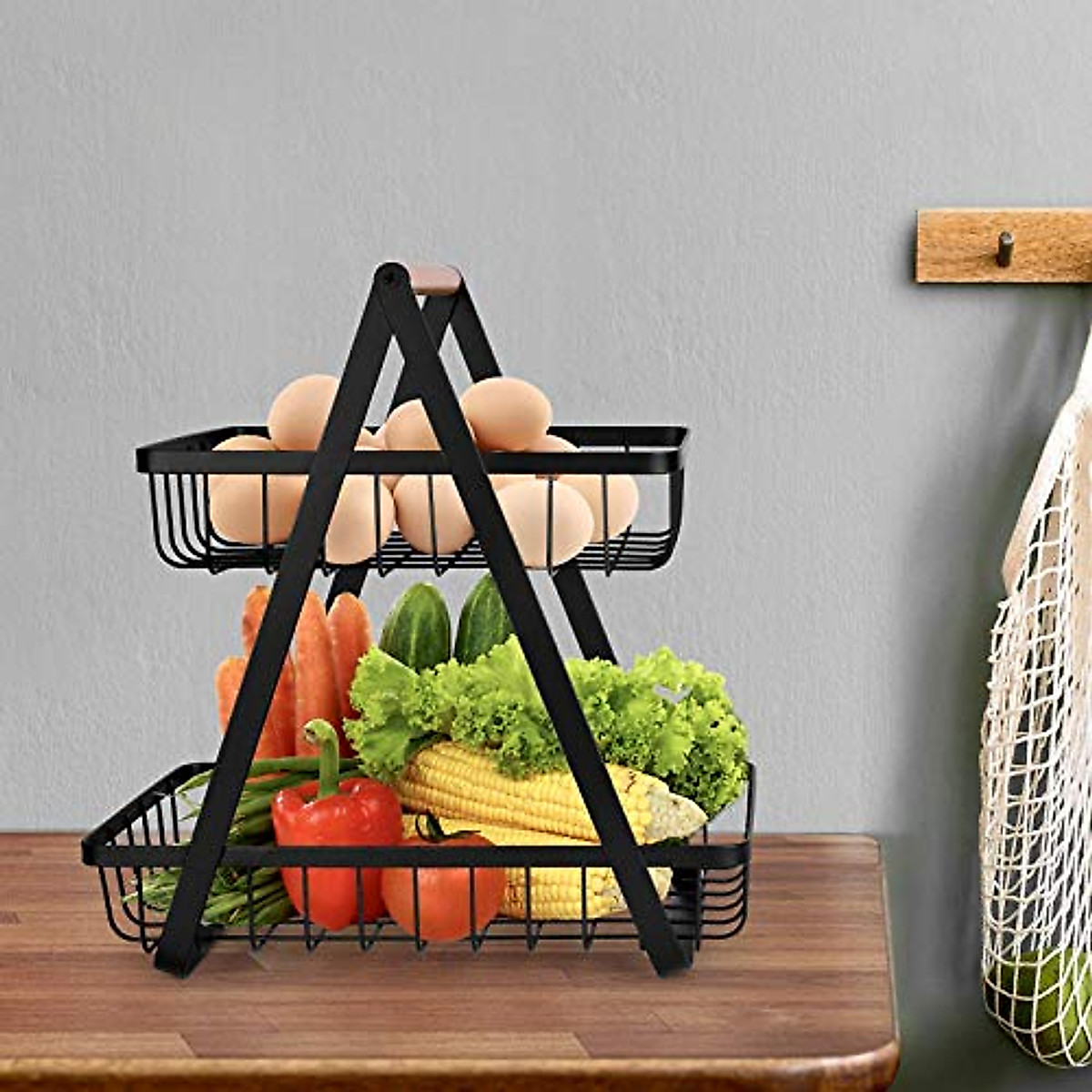 DEFLECTAIR 2-Tier Countertop Fruit Basket Fruit Bowl Bread Basket Vegetable Holder for Kitchen Storage, Black