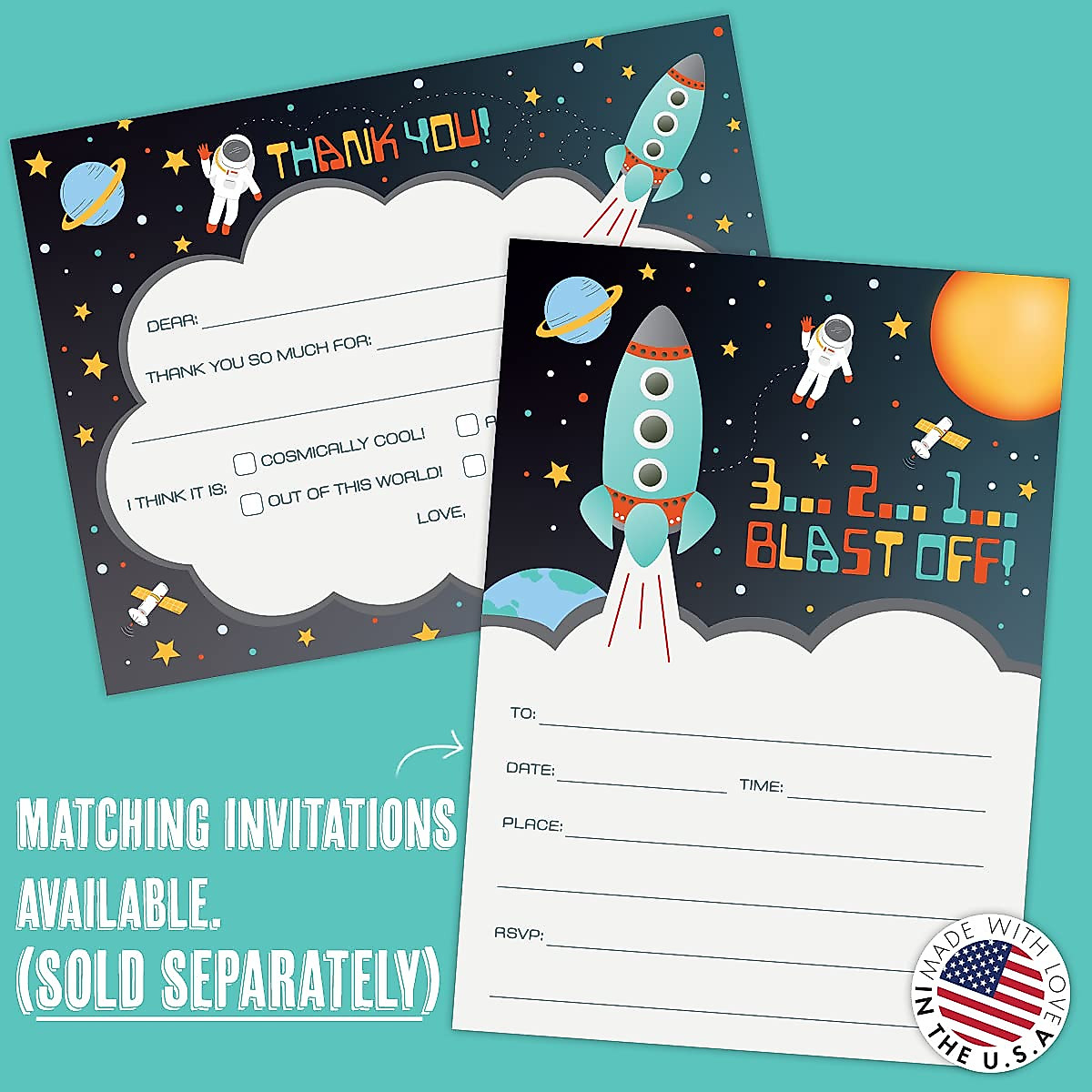 Koko Paper Co Space Multiple-choice Fill-in Thank You Cards | 25 Flat Cards and 25 Bright White Envelopes | Printed on Heavy Card Stock.