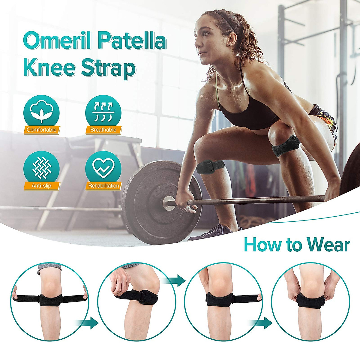 Portzon Patellar Tendon Support Strap 2 Pack, Patella Knee Strap For Knee Pain Relief Patellar Tendon Support, Adjustable Brace Band For Basketball, Running, Runner Jumper Knee, Wind Thickened Pad