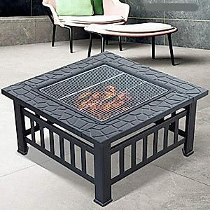 LEAYAN Garden Fire Pit Grill Bowl Grill Barbecue Rack Fire Pits,32" Outdoor Fire Pit Metal Square Firepit Wood Burning Backyard Patio Beaches Camping Picnic Bonfire Stove with Spark Screen Cover