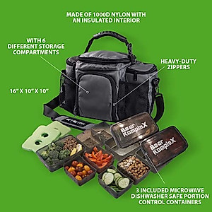 Bear KompleX Insulated Meal Prep Management Lunch Bag, 6 Compartment Lunch Box Cooler Tote with 3 Microwave Dishwasher Safe Portion Control Containers, Reusable Ice Pack, Free Recipe E-Book Included