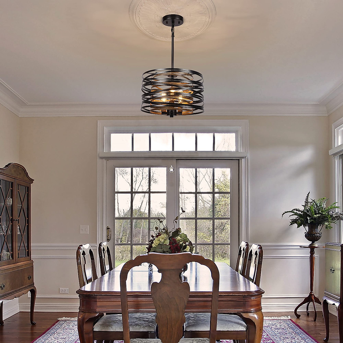 12.6'' Farmhouse Chandeliers for Dining Room, 3-Light Industrial Metal Hanging Light Fixture, Rustic Drum Pendant Light for Entryway Kitchen Foyer Bedroom, Black with Retro Wood Texture Interior