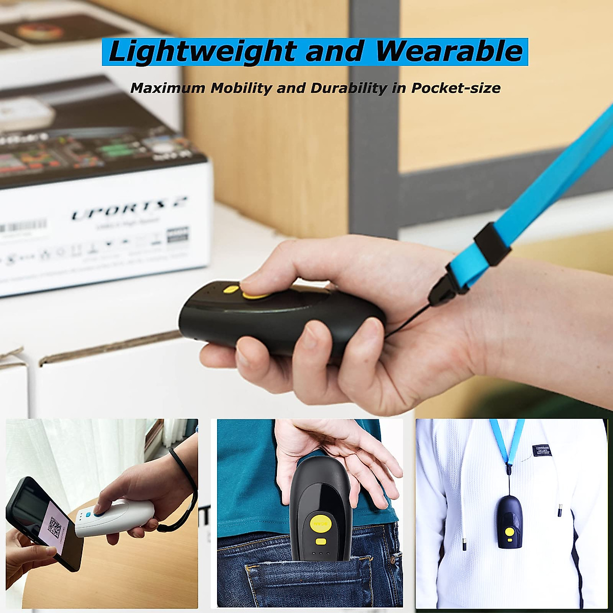 TEEMI Bluetooth Barcode Scanner with Charging Dock Data Receiver, Mini Bar Code Scanner with Neck Wrist Lanyard Included Handheld 2D QR Bar Code Reader for Tablet iPhone iPad Android iOS (Black)