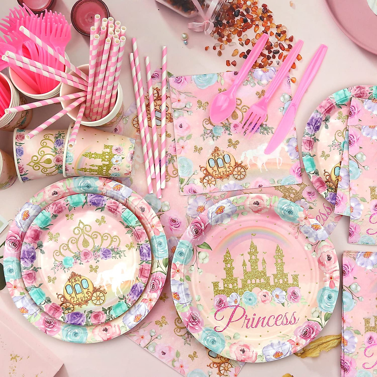 Princess Birthday Party Supplies, Includes Banner, Plates, Tulle, Napkins, Cake Toppers, Crowns, Wands, Balloons, Tablecloths, for Girls Princess's Themed Baby Shower Decorations, Serve 20 (Style A)