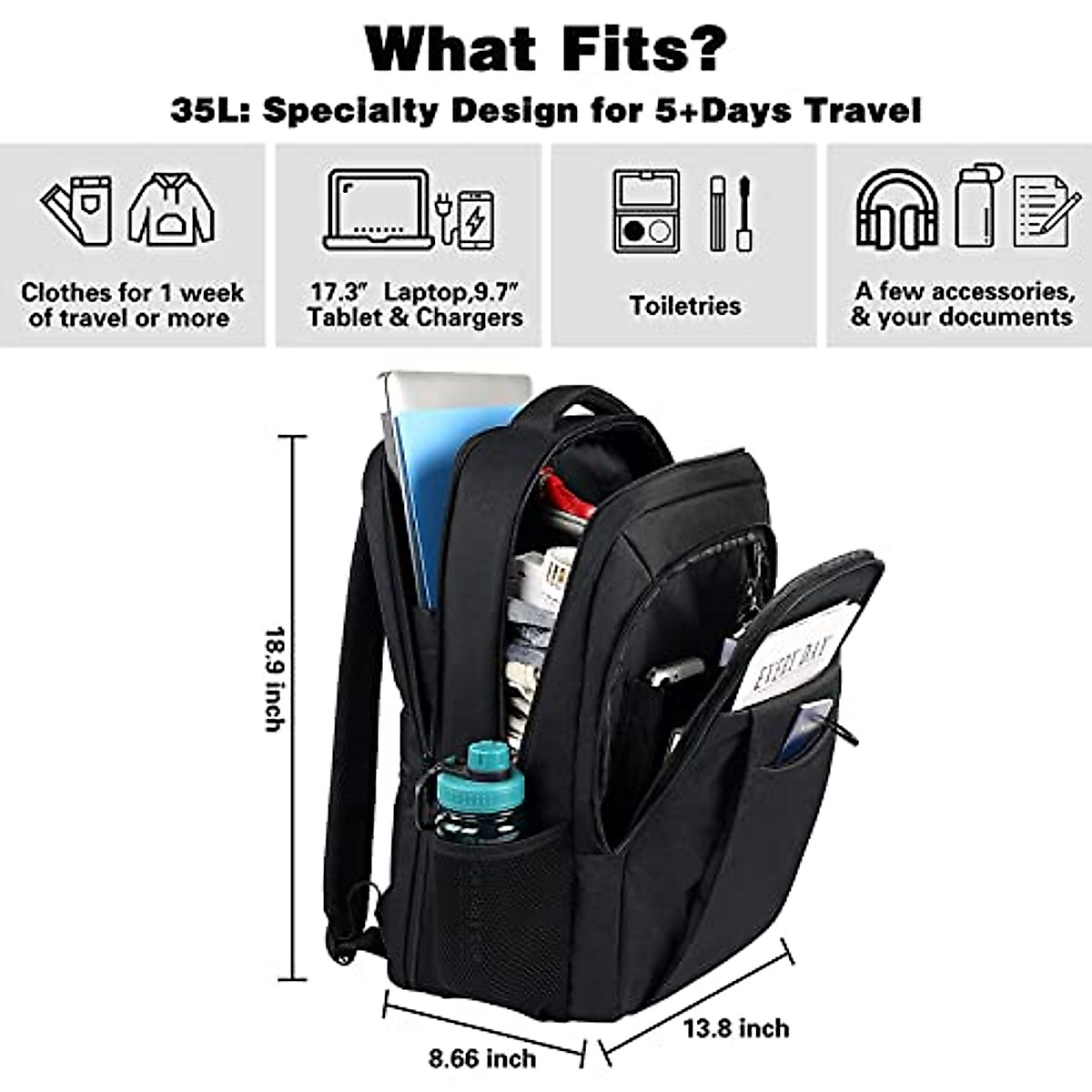 Laptop Backpack, Extra Large Backpack for Men Women, 17.3 Inch Travel Laptop Bag with USB Charging Port, Water Resistant TSA Approved Anti Theft Business College Work Computer Backpack, Black