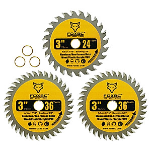 FOXBC 3 Inch Carbide Circular Saw Blade 24 Tooth, 36 Tooth for Wood, Plastic, PCV, Acrylic, Aluminum with 7/16" Arbor, 3/8" Bushing - 3 Pack