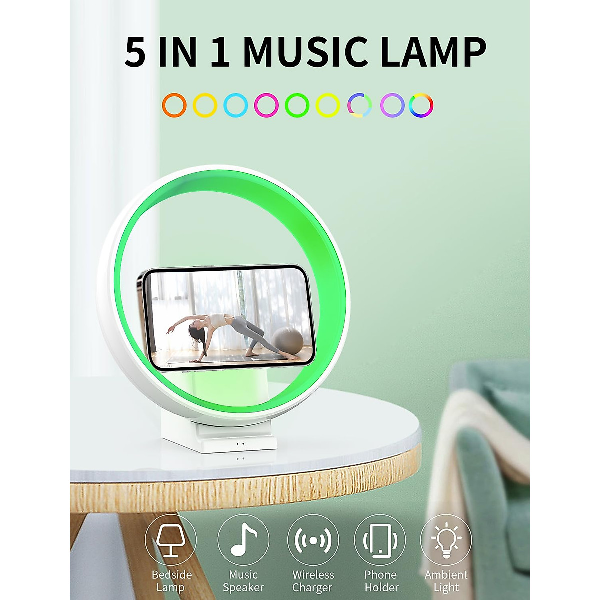 LOVME Wireless Bluetooth Speaker with RGB Light, Skywheel 15W Wireless Charger Ambient Lamp & Phone Holder, Bedside Night Light for Bedroom, Gift for Teen Kids (Battery Included)