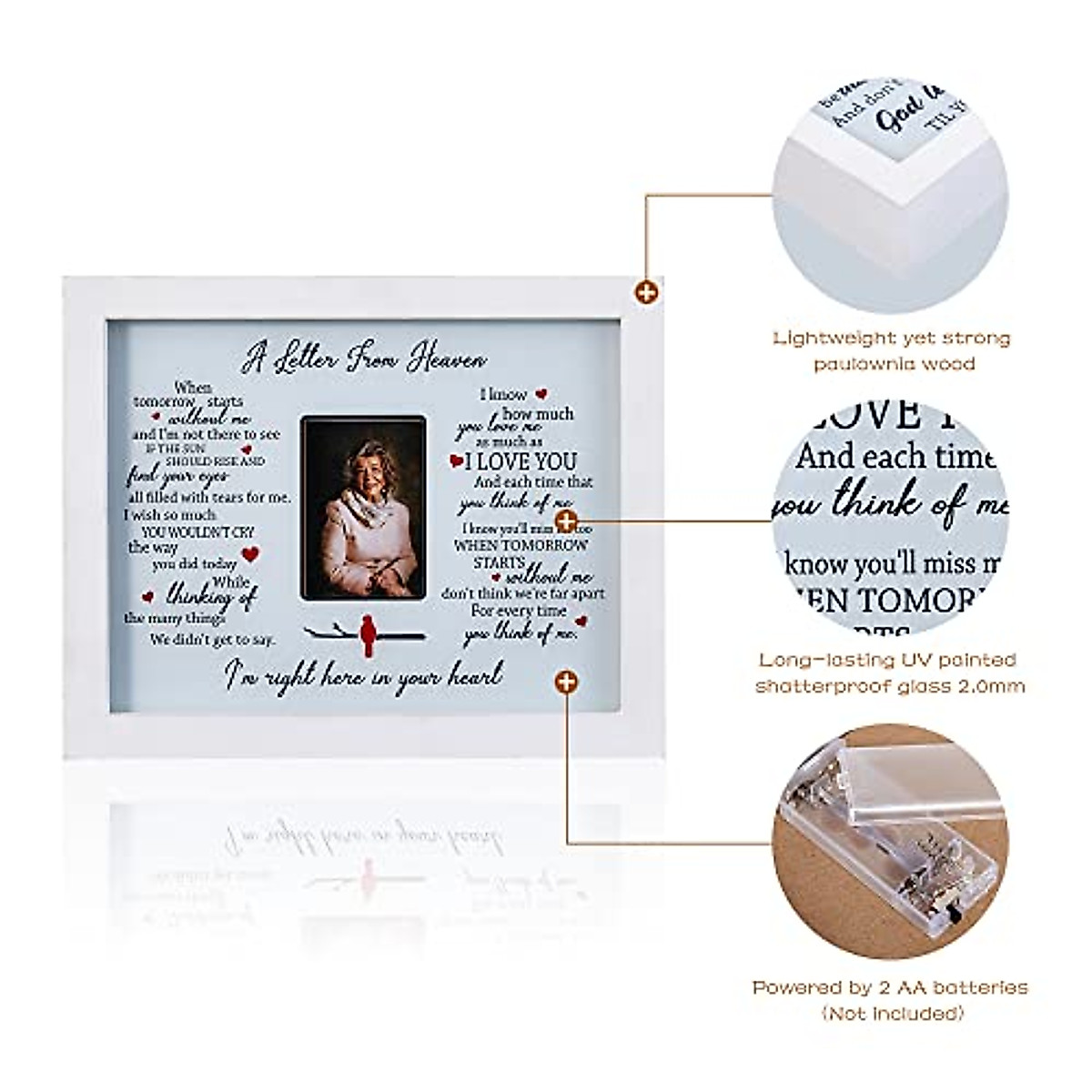 WOODEXPE Sympathy Gift 8" x 10" LED Memorial Shadow Box Keepsake Picture Frame Memorial Gifts for Loss of Loved One 2x3 Photo (A Letter from Heaven White)
