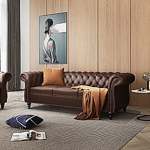 PHOYAL Modern 3 Seater Couch, Large Sofa Furniture, Roll Arm Classic Tufted Chesterfield Settee Leather Sofa with Channel Tufted Seat Back for Living Room, Dark Brown PU