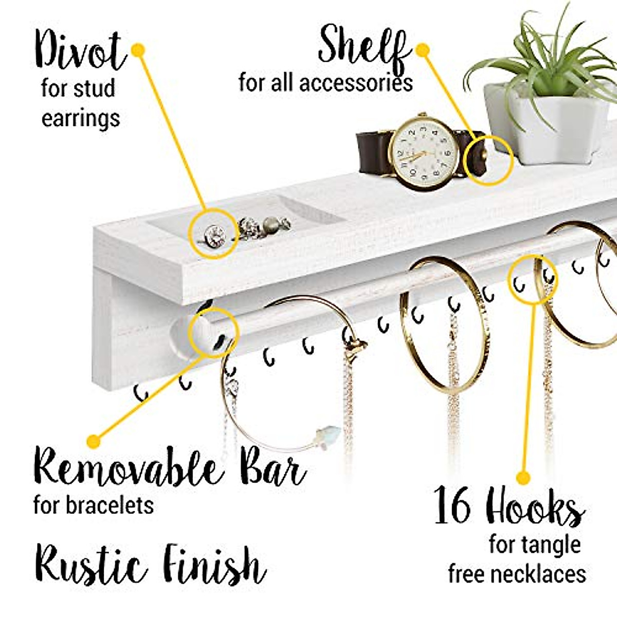 Rustic White Necklace Jewelry Organizer - Wall Mount Jewelry Holder - Mounted Hanging Jewelry Storage Hooks for Necklace, Earrings, and Rings - Farmhouse Wood Decor Bedroom Boho Shelf Rack
