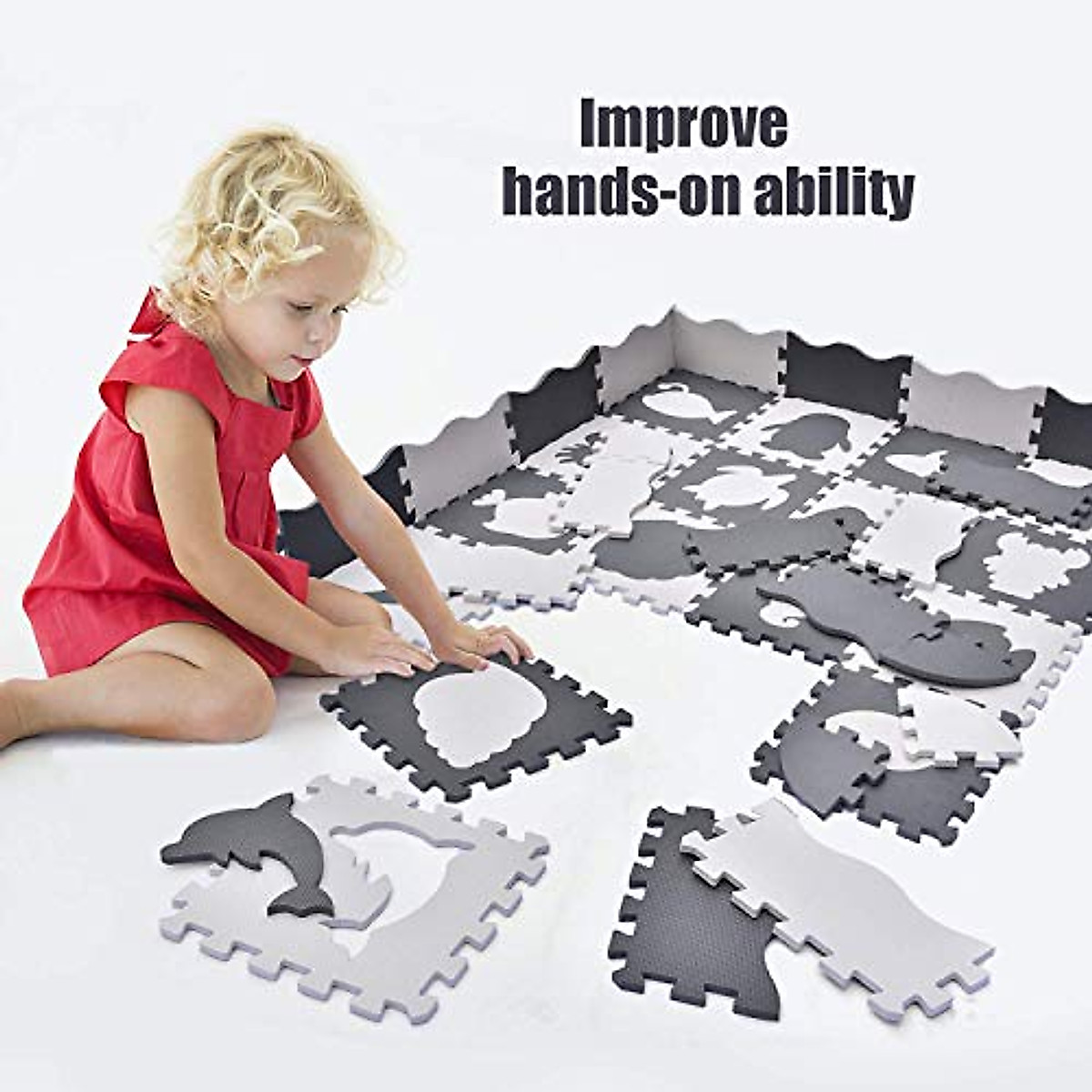 FUN LITTLE TOYS 36PCS Foam Play Mats for Baby, Soft Foldable Interlocking Foam Floor Tiles Puzzle Mat with Fence for Kids Toddlers Childrens Playpen Playroom Crawling 56 x 56 Grey