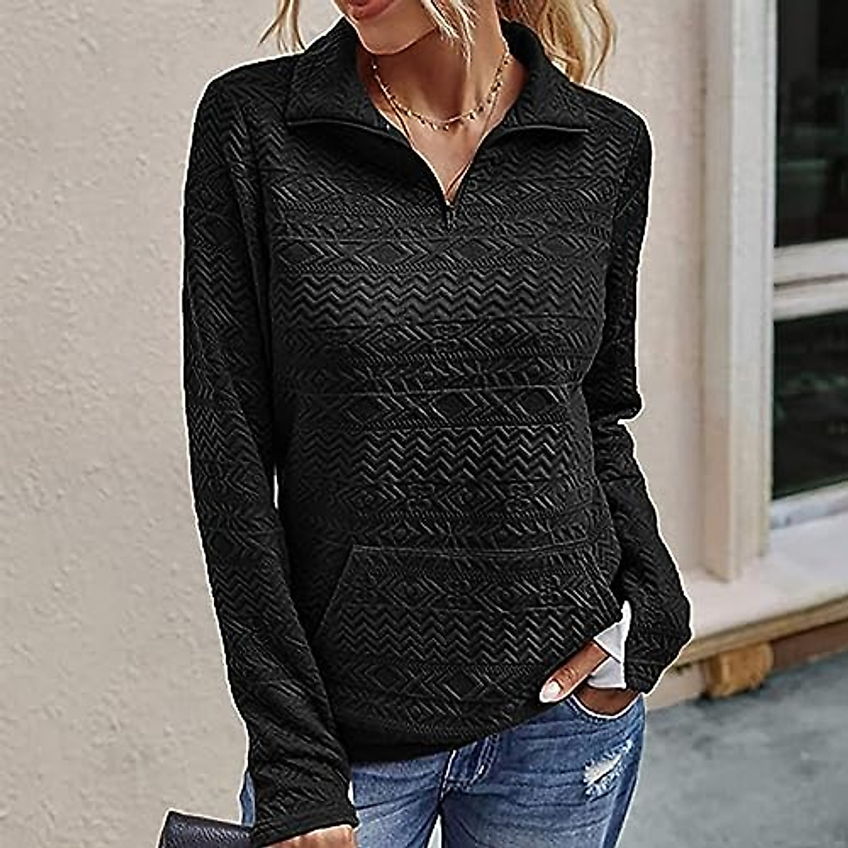 iHPH7 Women's Quilted Pattern Lightweight Zipper Long Sleeve Plain Casual Hoodie Ladies Sweatshirts Waffle Pullovers Shirts Tops