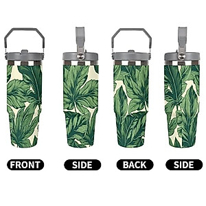 WITHSBKK 30oz Car Cup Green Foliage Botanical Printed with Portable, Stainless Steel Travel Mug, Vacuum Insulated Tumbler And Straw, Leakproof for Car & Outdoor, UV Printed Design