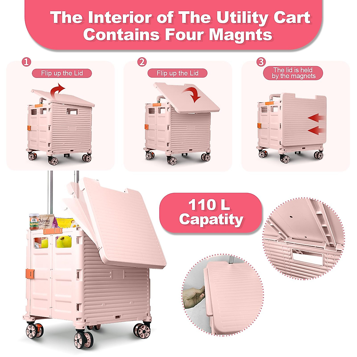 Foldable Utility Cart Collapsible Portable Tool Cart with Wheels Tote Basket,176LBS Load Capacity,Magnetic Lid Telescopic Cover with 360° Wheels Telescoping Handle for Grocery Laundry Luggage,Pink